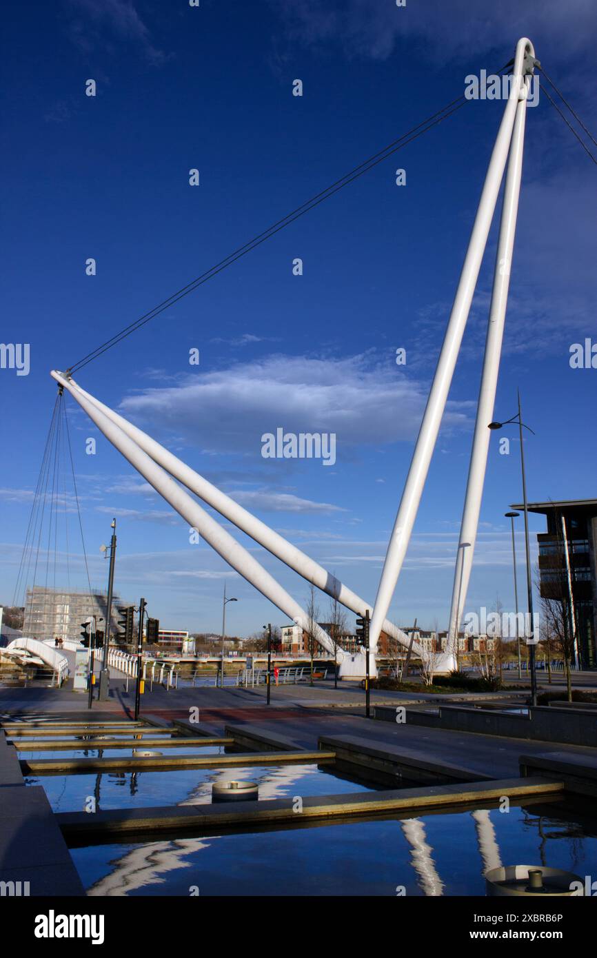 Iconic pedestrian cable stayed footbridge over the river Usk at Newport ...