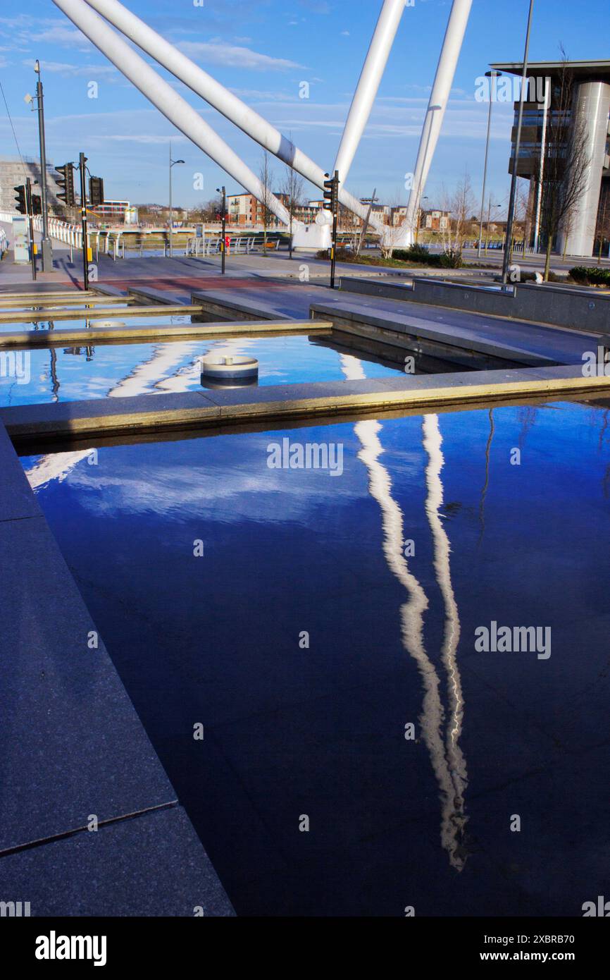 Iconic pedestrian cable stayed footbridge over the river Usk at Newport ...