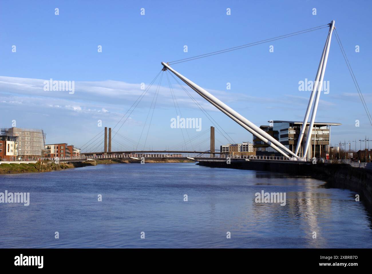 Iconic pedestrian cable stayed footbridge over the river Usk at Newport ...