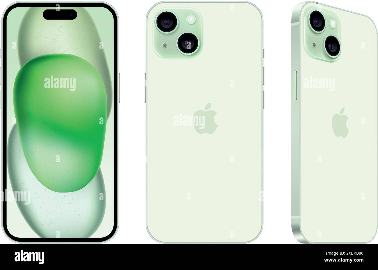 Set of Green Apple iPhone 15 mobile phone in different sides, on white ...