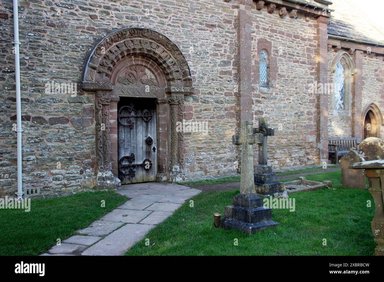 Entrance door to Kilpeck church in Herefordshire is a Norman Romanesque ...