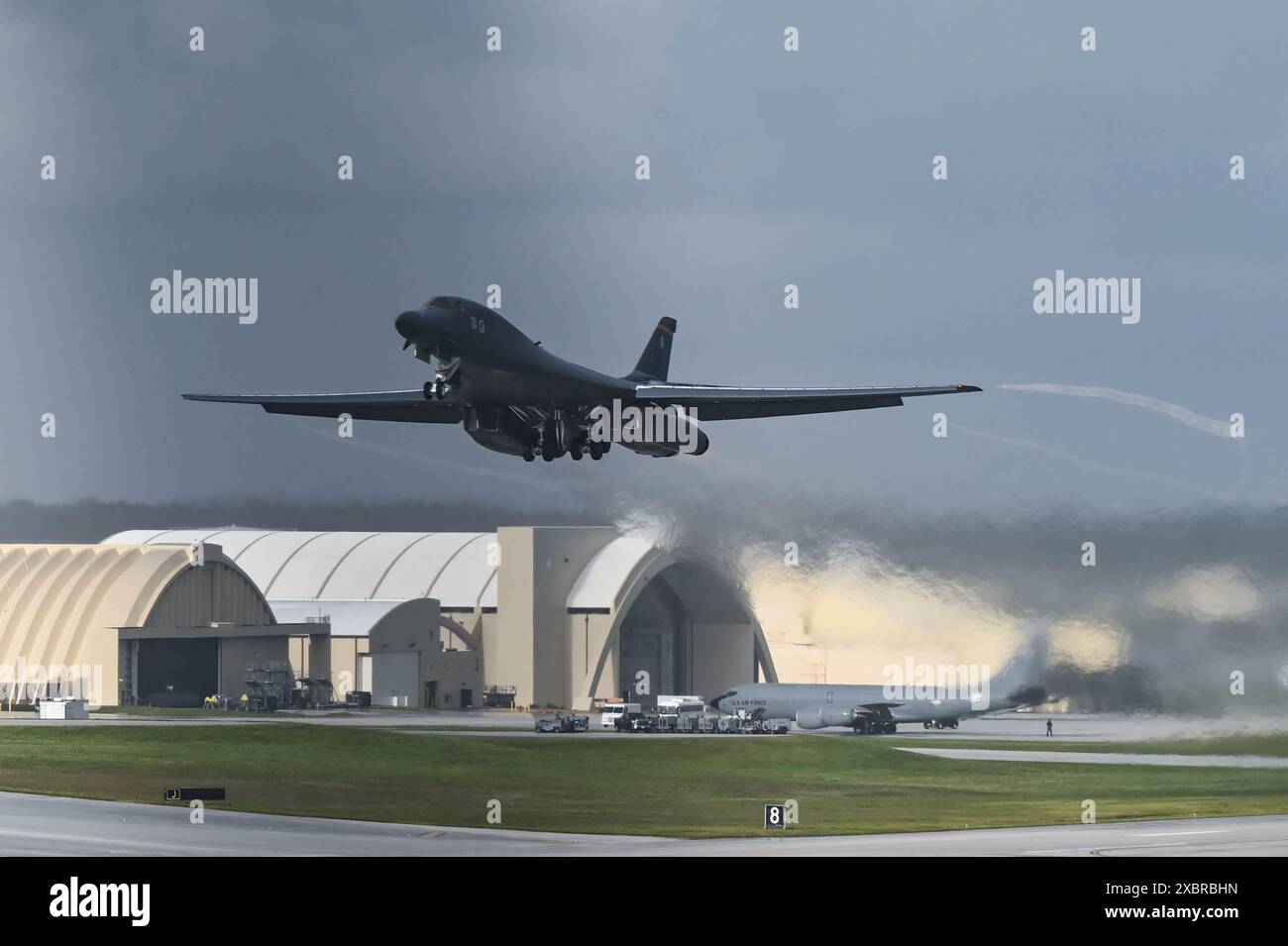 A U.S. Air Force B-1B Lancer takes off at Andersen Air Force Base, Guam ...