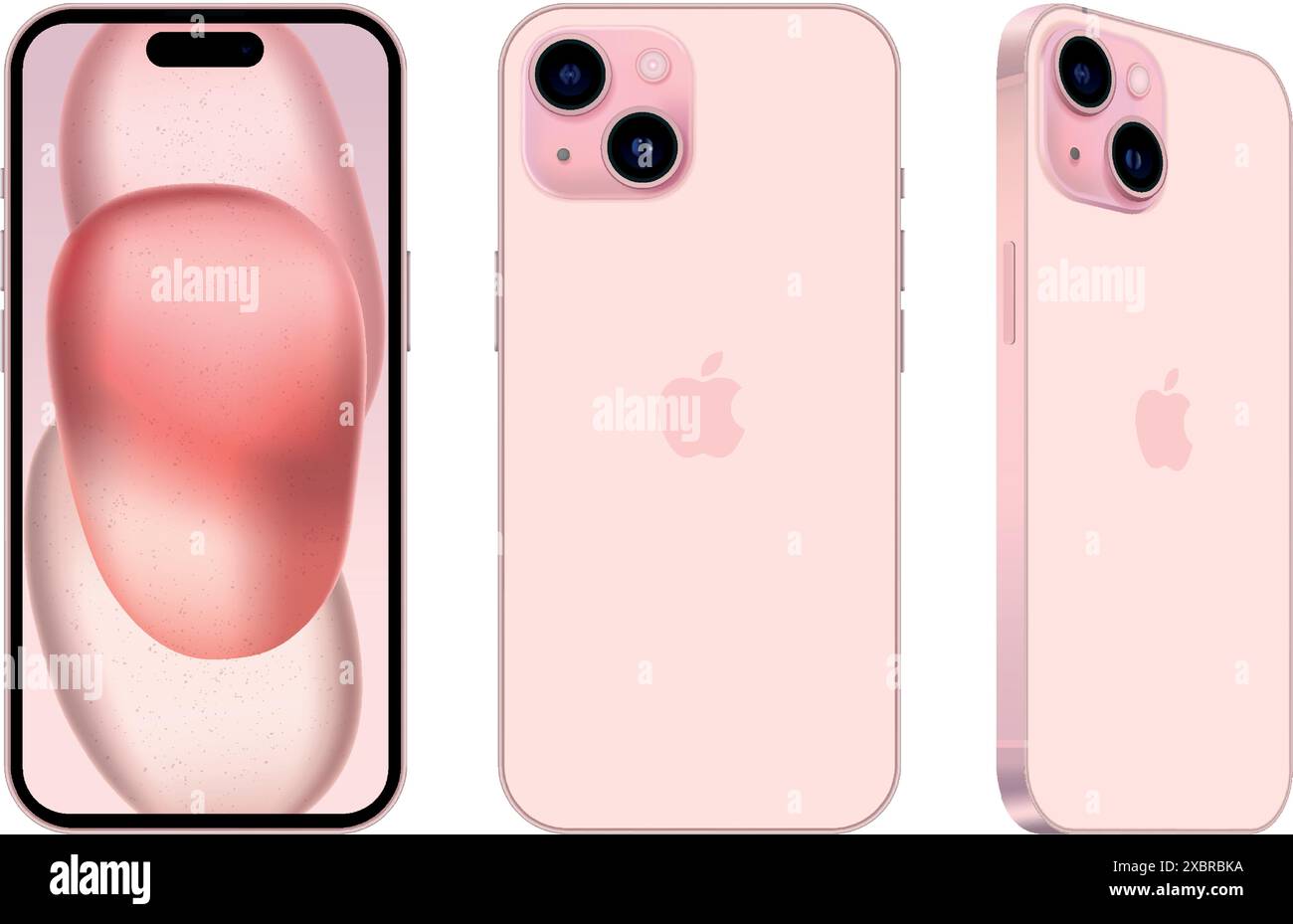 Set of Pink Apple iPhone 15 mobile phone in different sides, on white ...