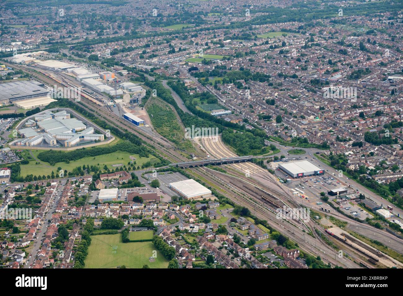 an aerial view of the East Coast Main Line showing freight sidings at ...