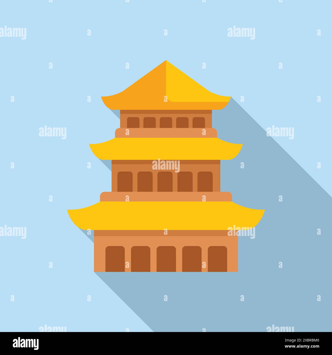 Traditional asian temple building with yellow roof and long shadow on ...