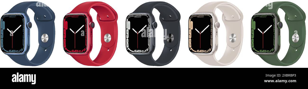 Set of Apple Watch 7 Series, in sideway, in official colors, on a ...