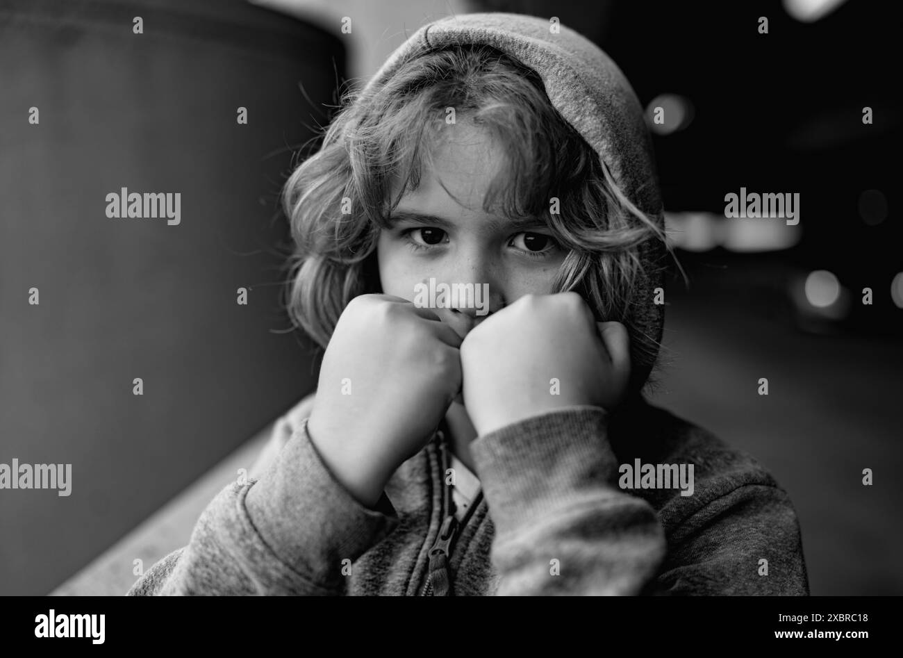 Aggressive child. Aggression kid boy fighting on street. Angry ...