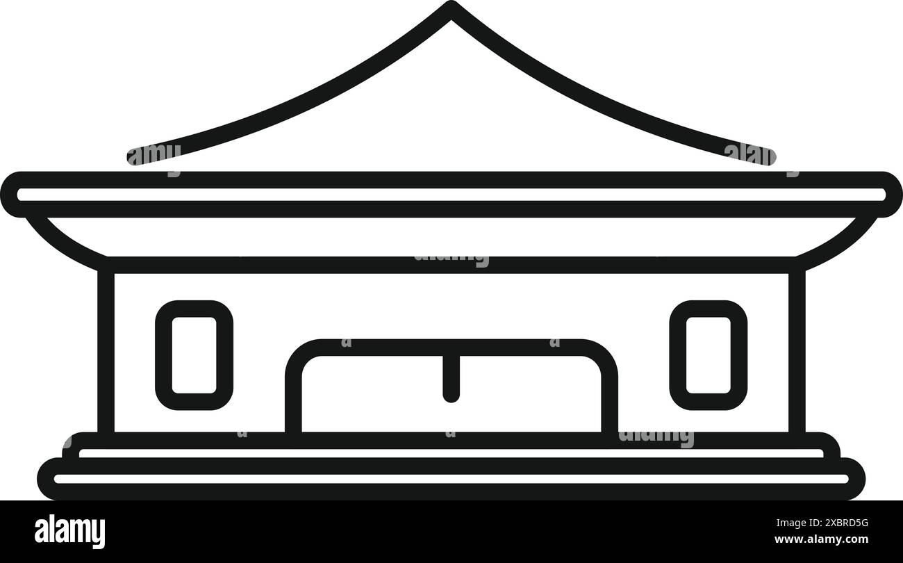 Asian building with curved roof, front view, line art icon for apps and ...