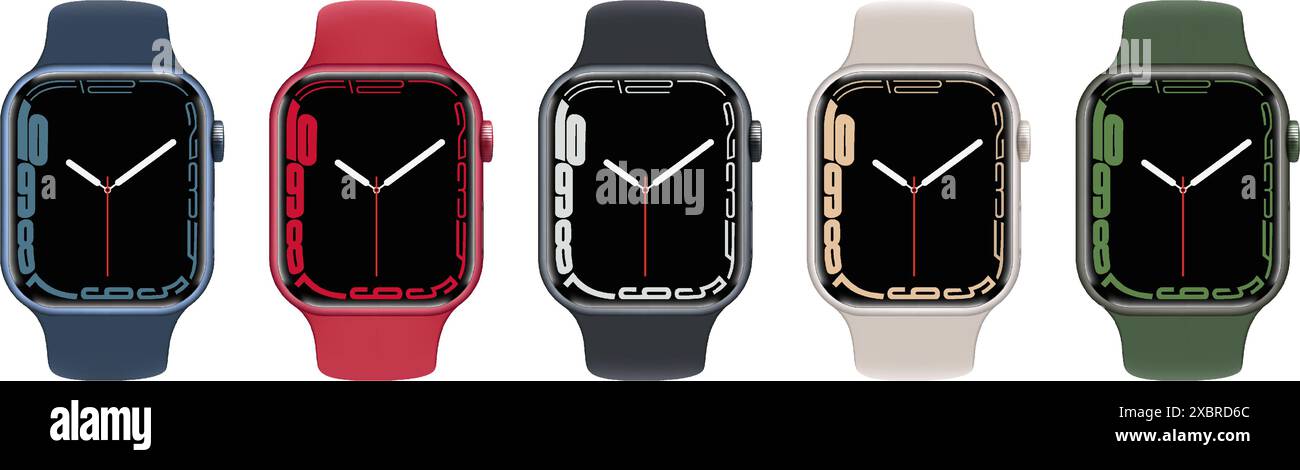 Set of Apple Watch 7 Series, in front side, in official colors, on a ...