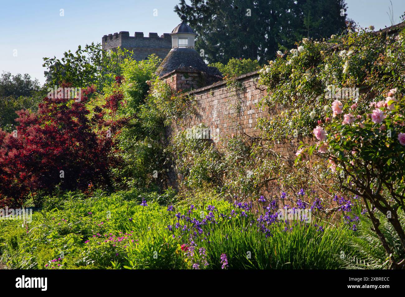 Rousham walled garden and boarder with church and dovecot, Rousham ...