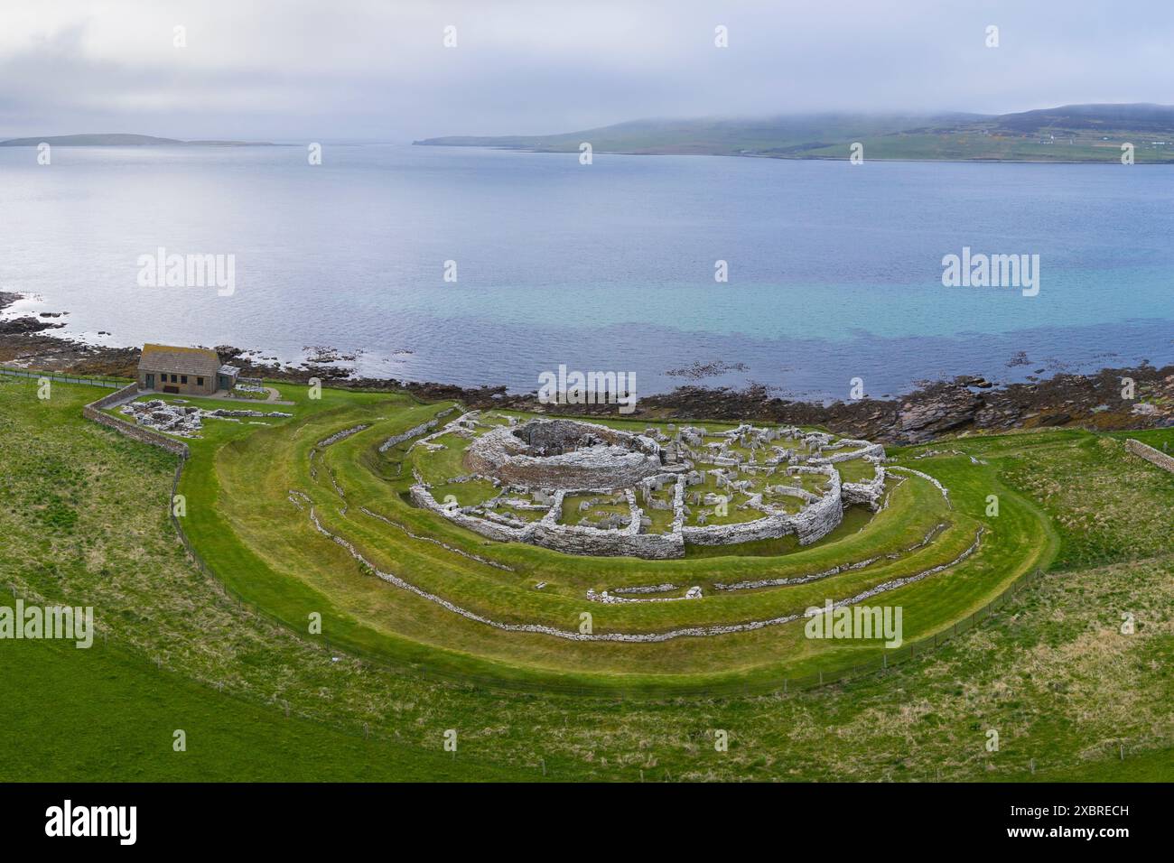 Aerial view of the Broch of Gurness, Ironage village and broch, Orkney ...
