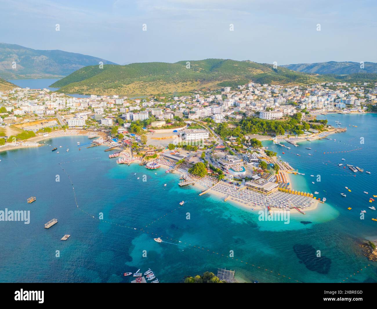 Aerial view of the Ksamil coastline on the Ionian Sea in southern ...