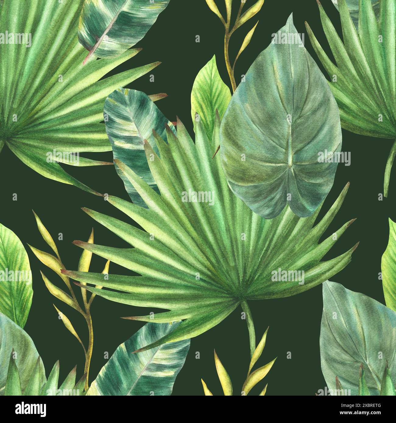 Tropical leaves seamless pattern. Watercolor jungle plants repeating ...
