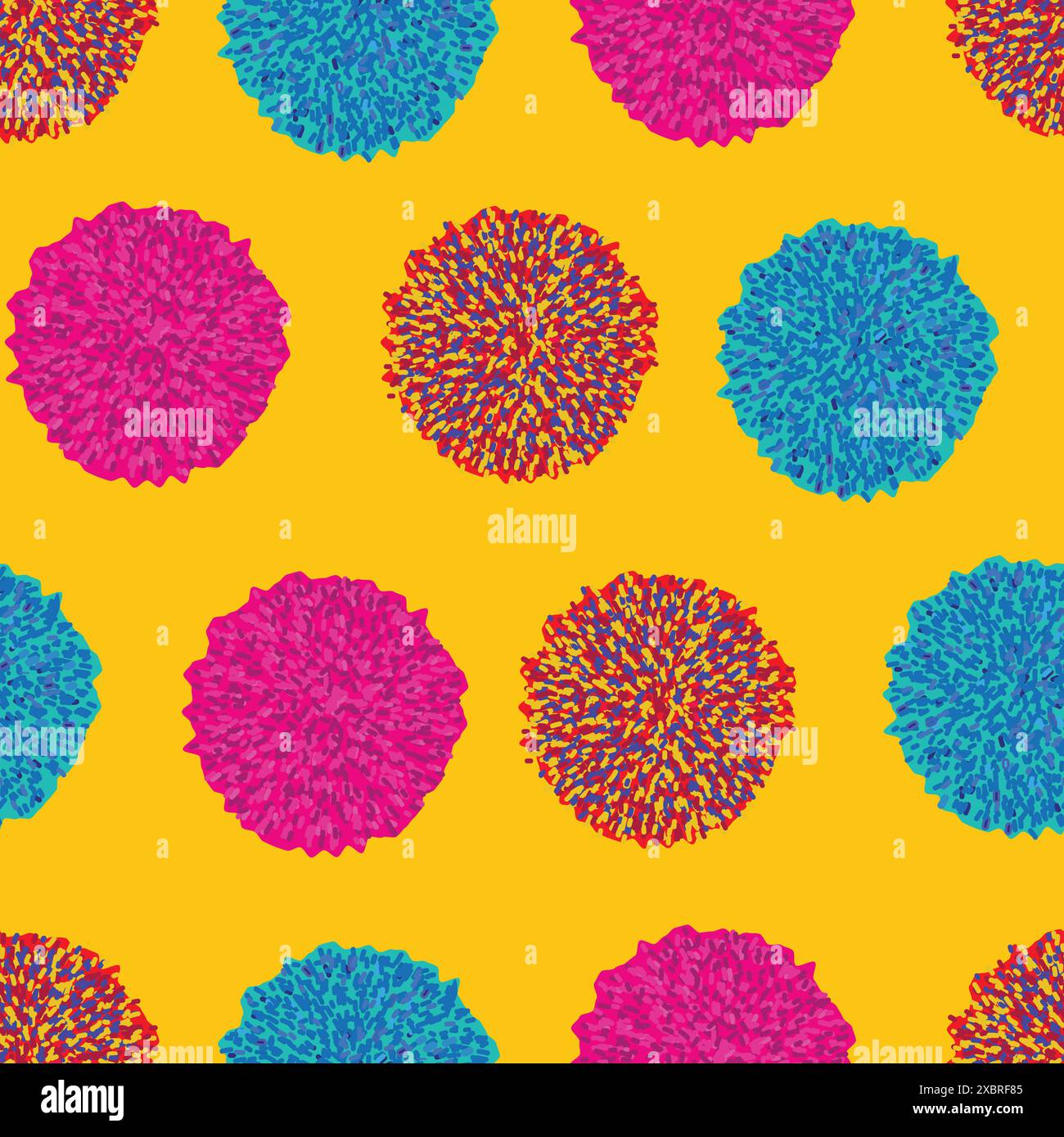 Vector geometric pom pom repeating pattern in retro vintage vibrant ...