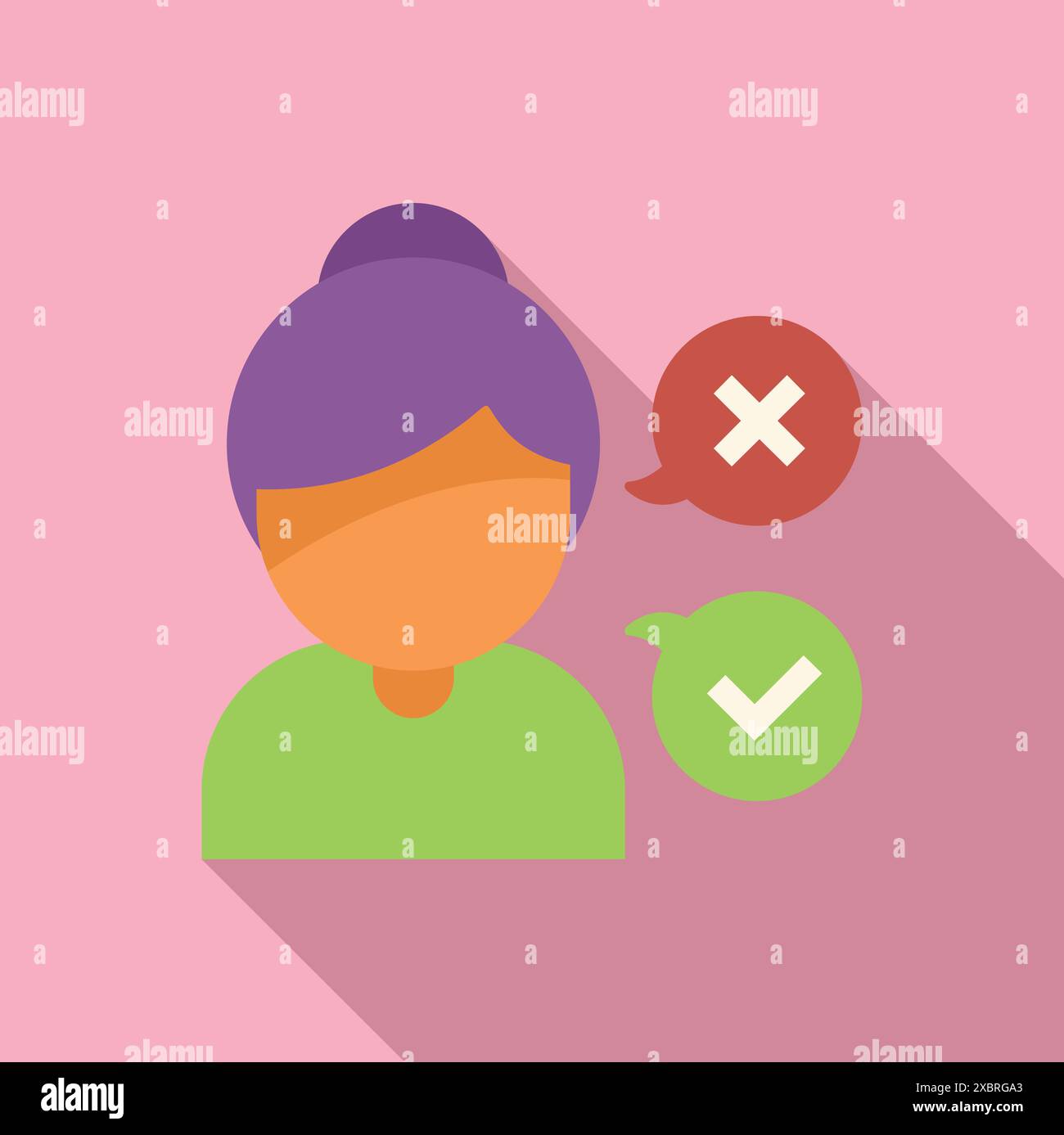 Woman is deciding between a green check mark and a red cross symbol ...