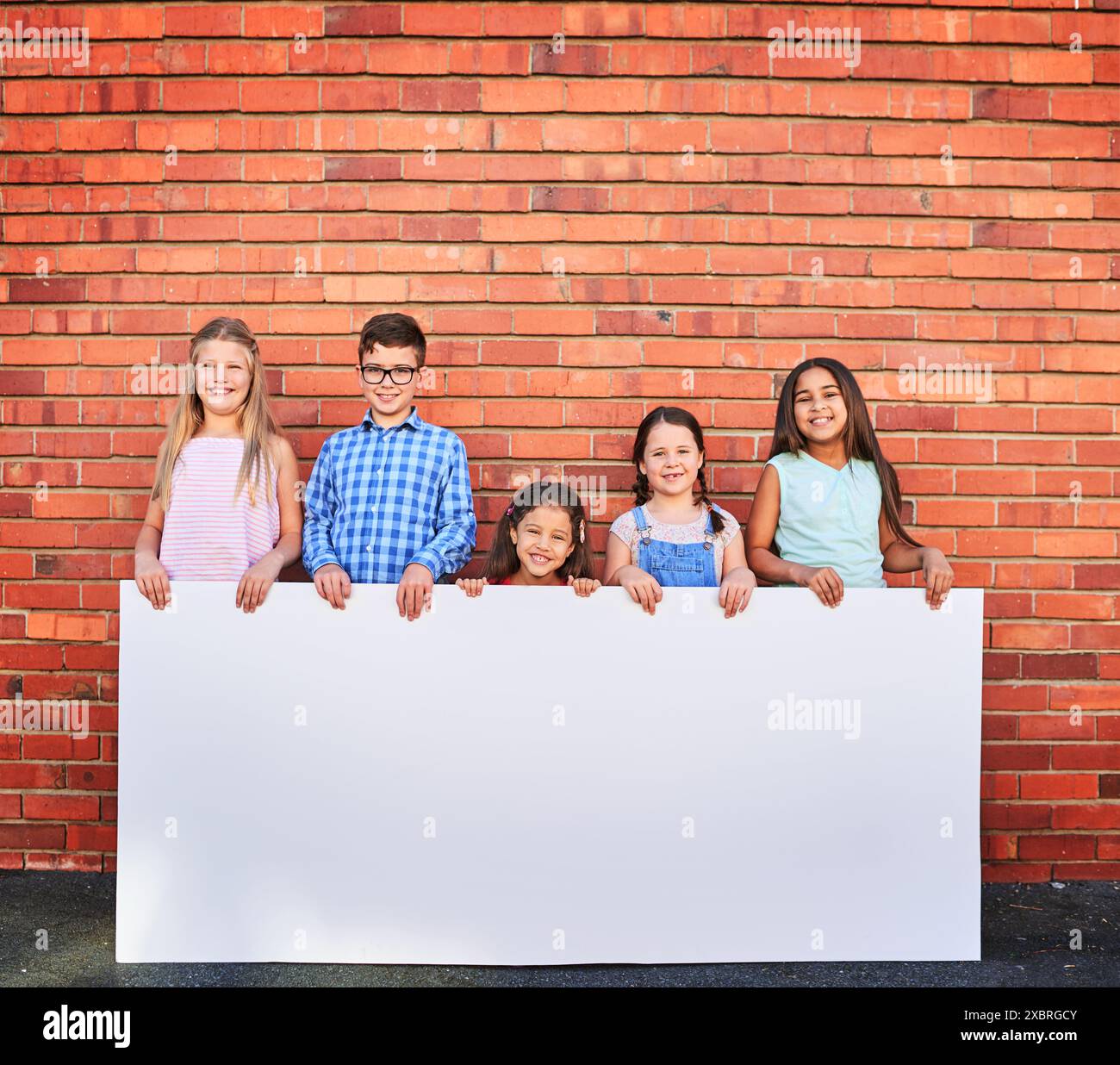 Kids, wall and outdoor with sign board in smile or fun and colors for ...