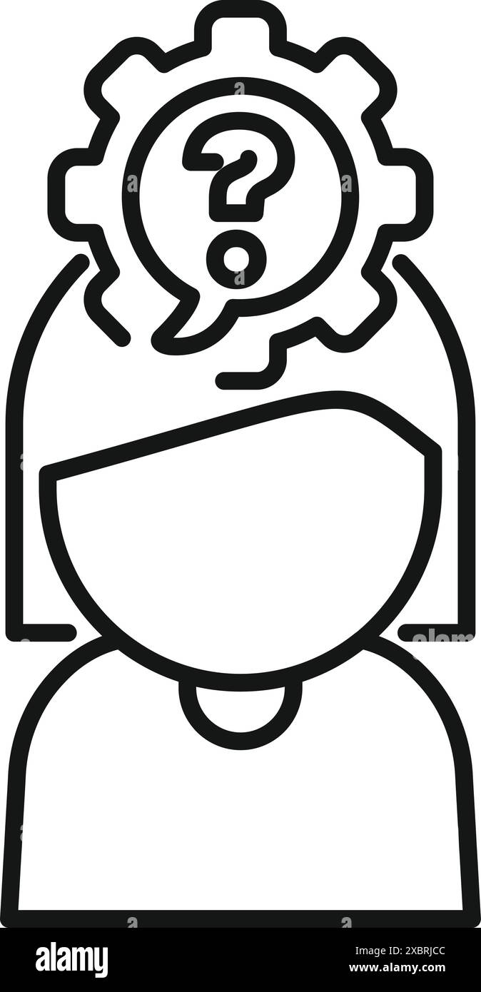 Line icon of a young woman thinking with a question mark inside a gear ...