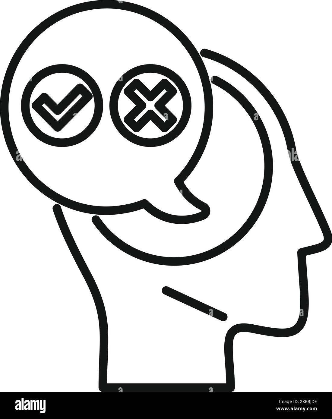 Human head thinking with check and cross marks inside speech bubble ...