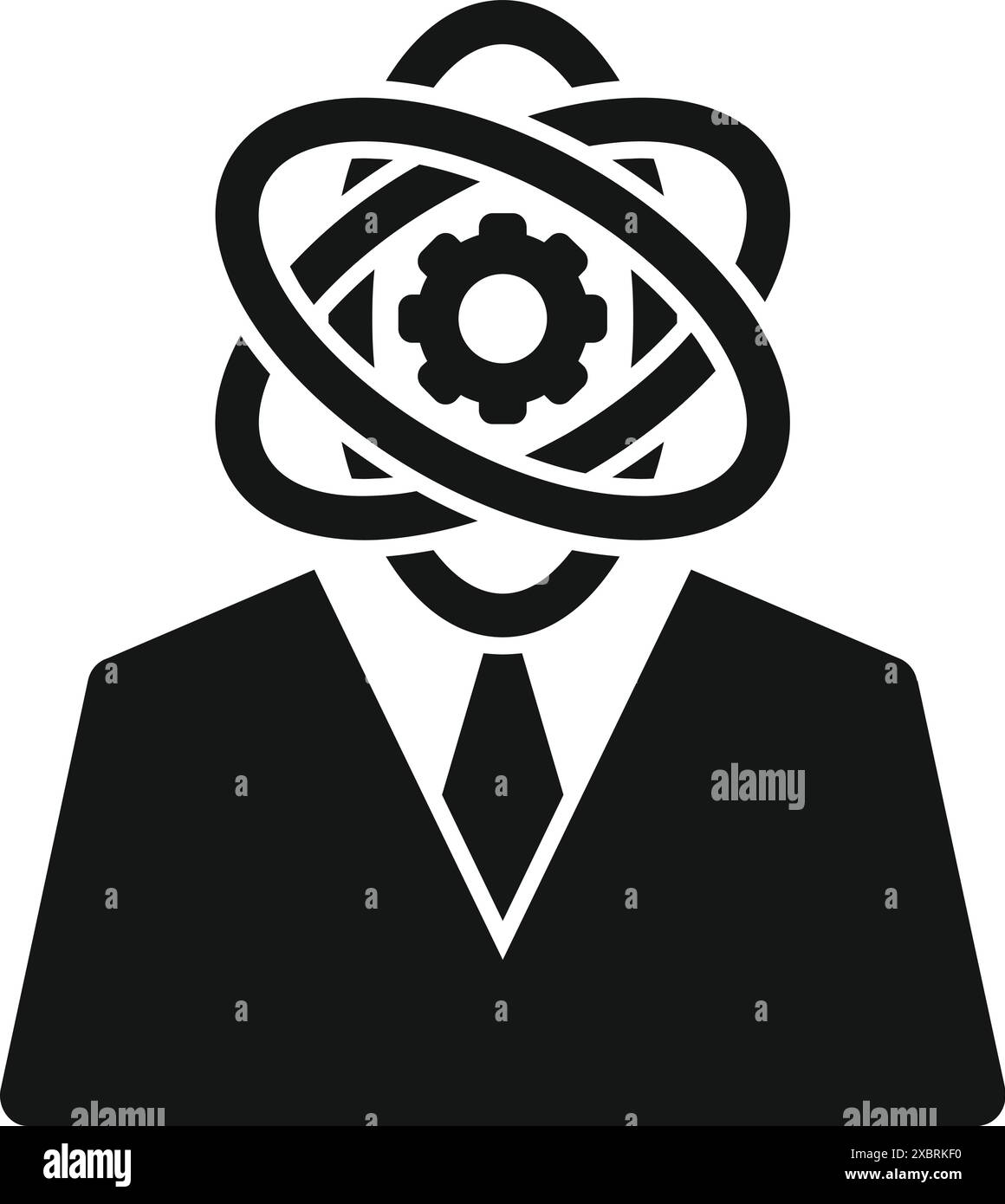 Businessman thinking about science with atom symbol and gear icon ...