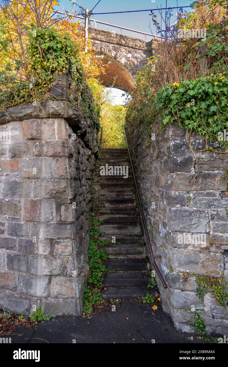 Stone steps at Hengoed Viaduct, South Wales, UK which carried trains ...
