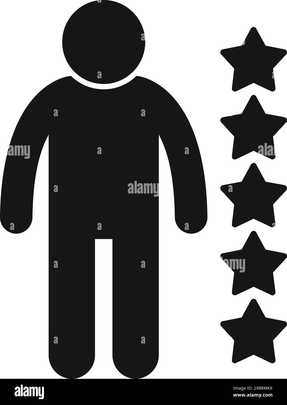 Simple black and white icon of a man standing with five star rating ...