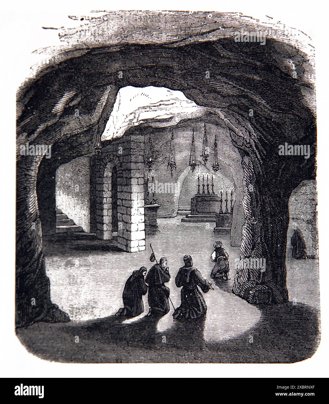 Wood Engraving of the Grotto of Agony (Grotto of Gethsemane) where ...