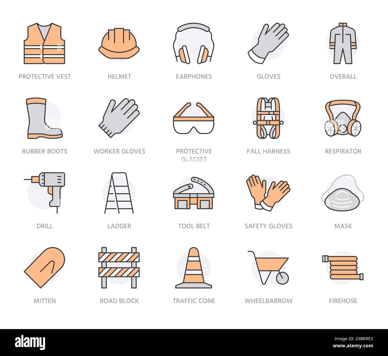 Safety equipment, required PPE flat line icons set. Protective gloves builder helmet respirator ...