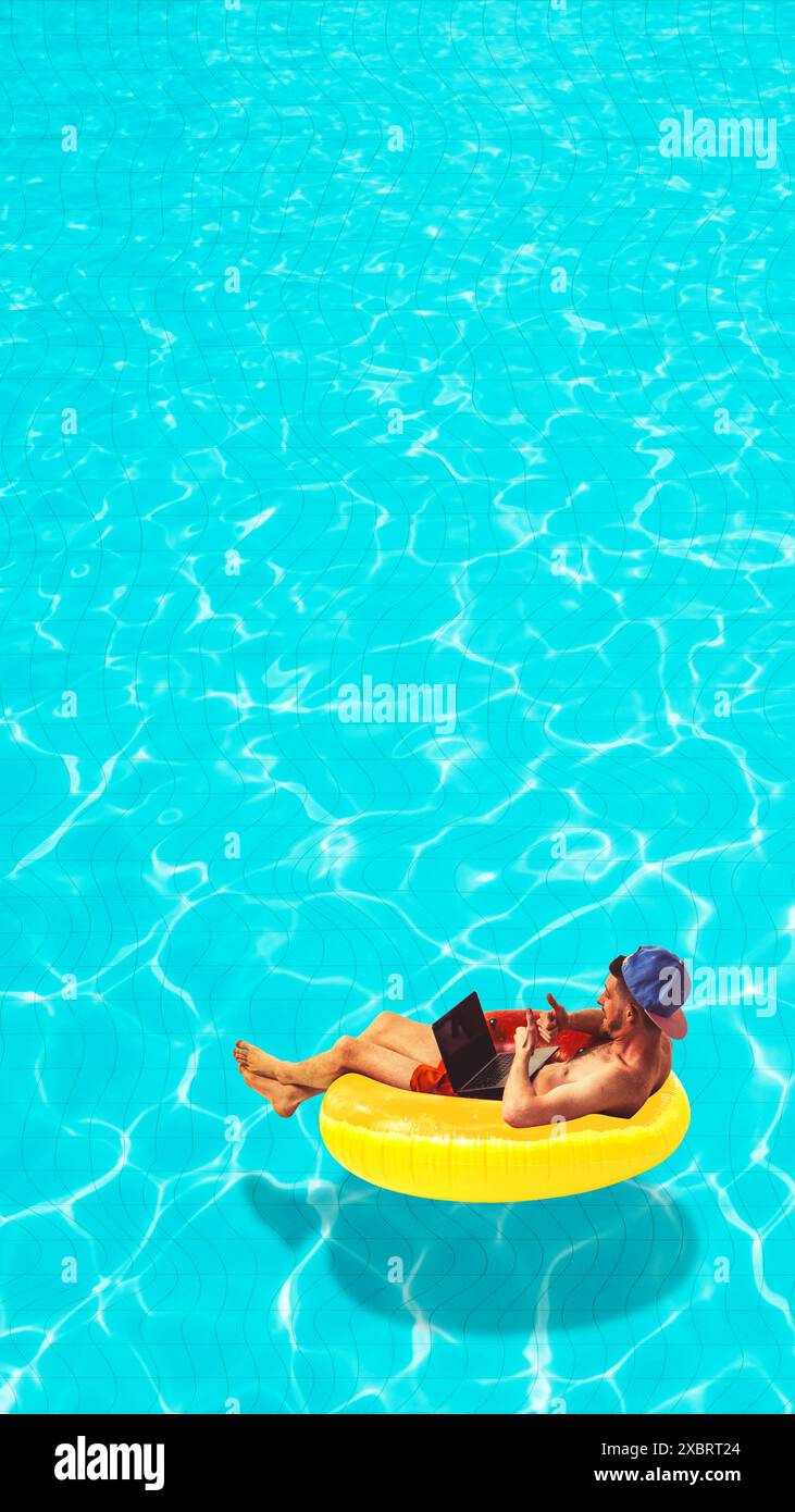 Contemporary art collage. Man in swimming circle floating in pool and ...