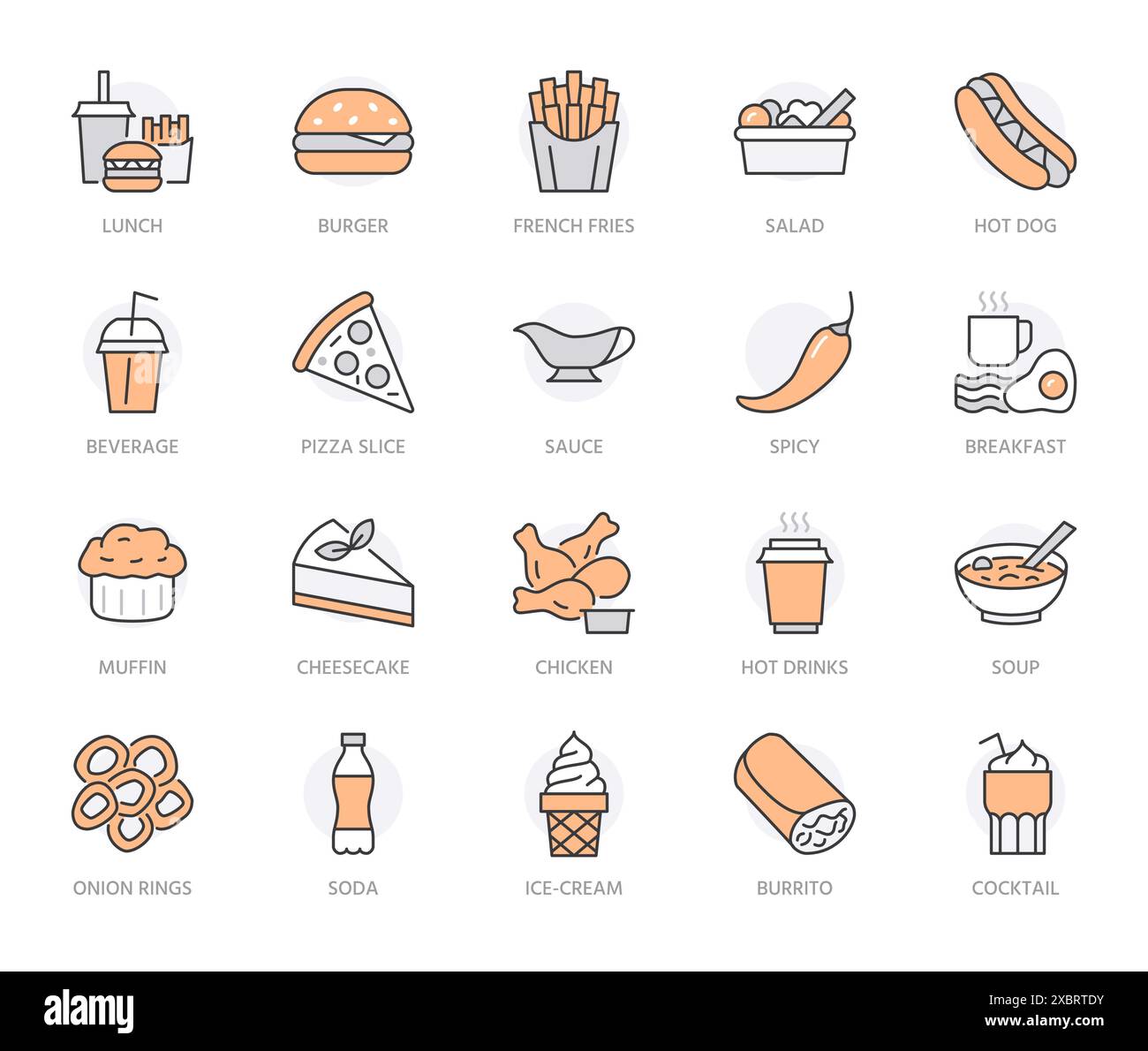 Fast food flat line icons set. Burger, combo lunch, french fries, hot ...