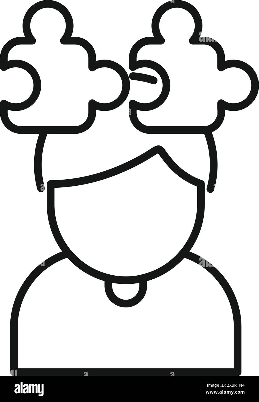 Line drawing of a young man solving a problem with puzzle pieces ...