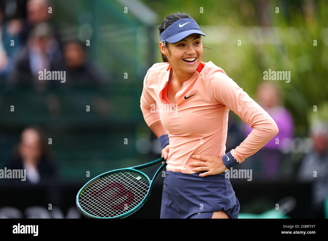Emma Raducanu reacts to a line call in her match against Daria Snigur ...