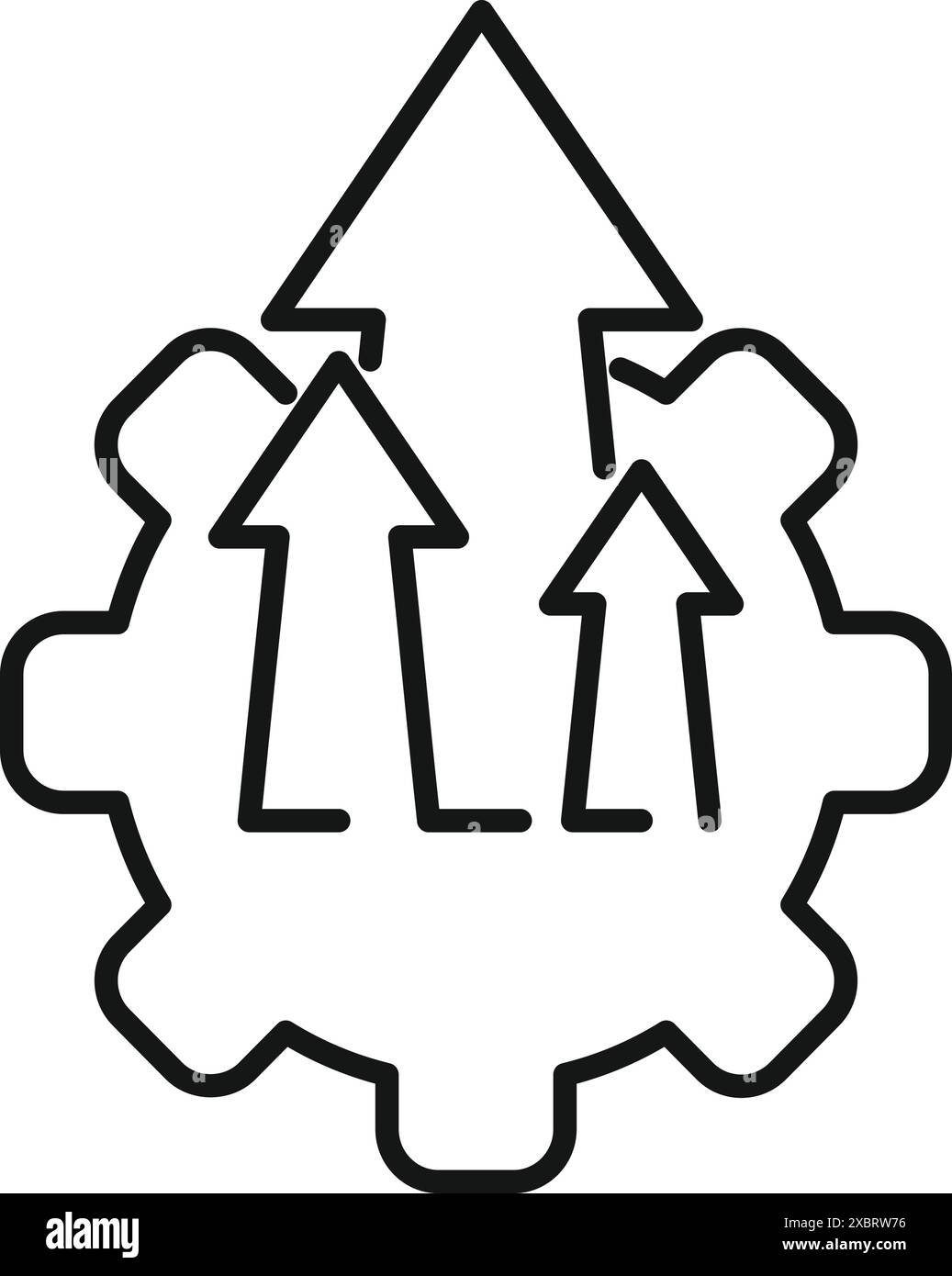 Line art icon of three up arrows growing larger over a gear wheel ...