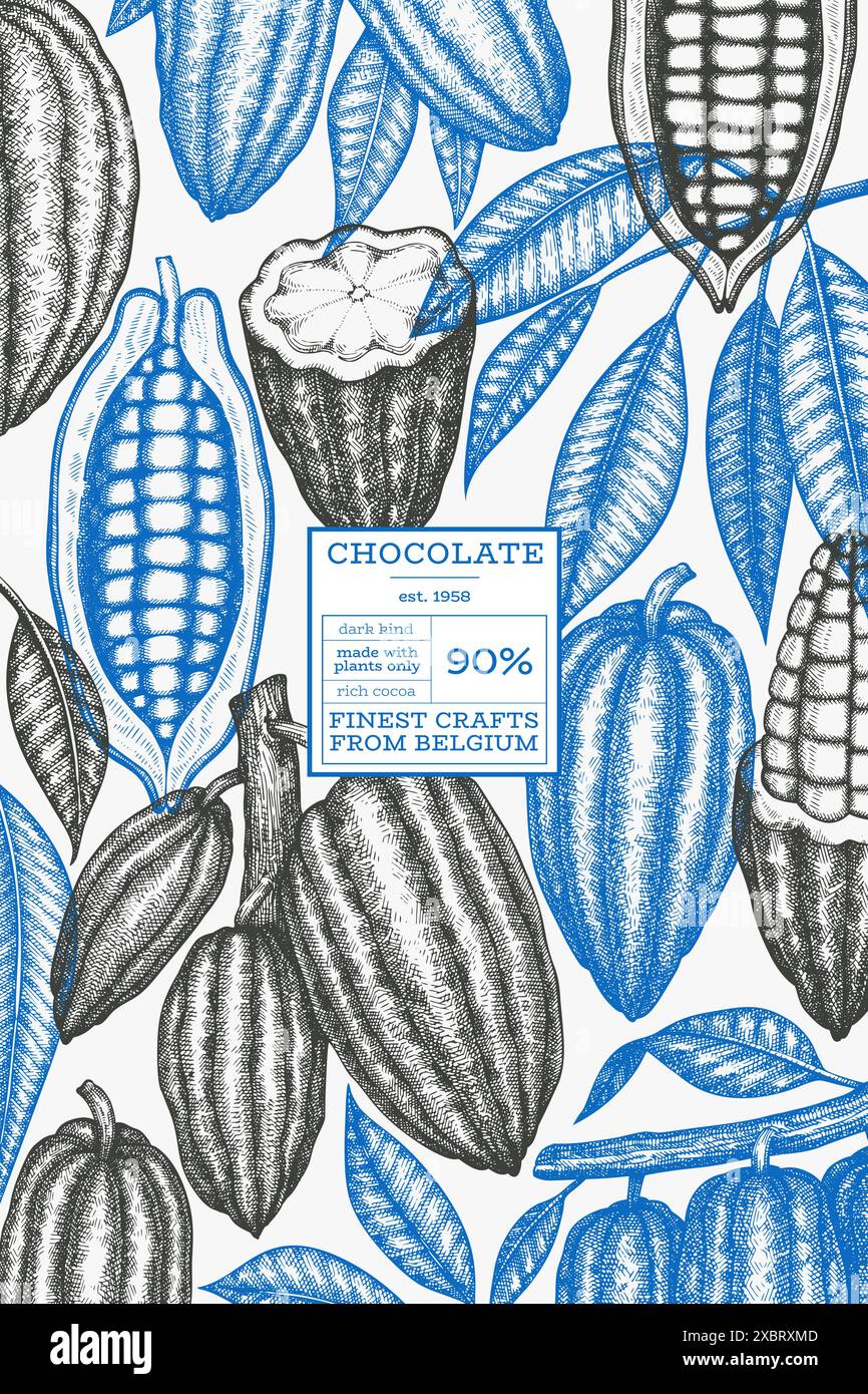 Cocoa design template. Chocolate cocoa beans background. Vector hand ...