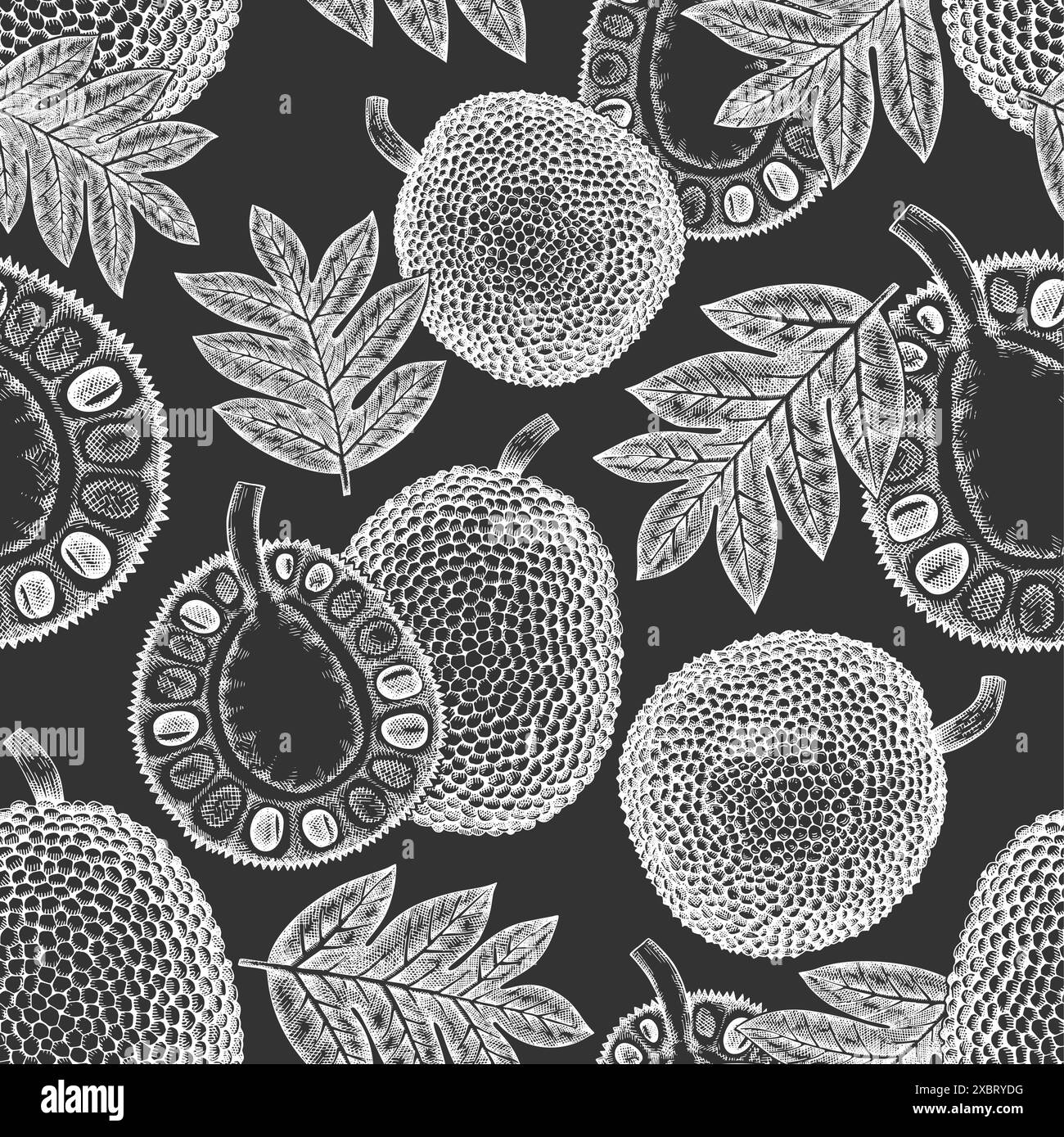 Hand drawn sketch style jackfruit seamless pattern. Organic fresh fruit ...