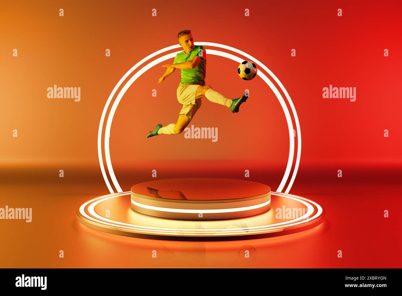 Concentrated soccer player, young man in motion with ball podium with ...