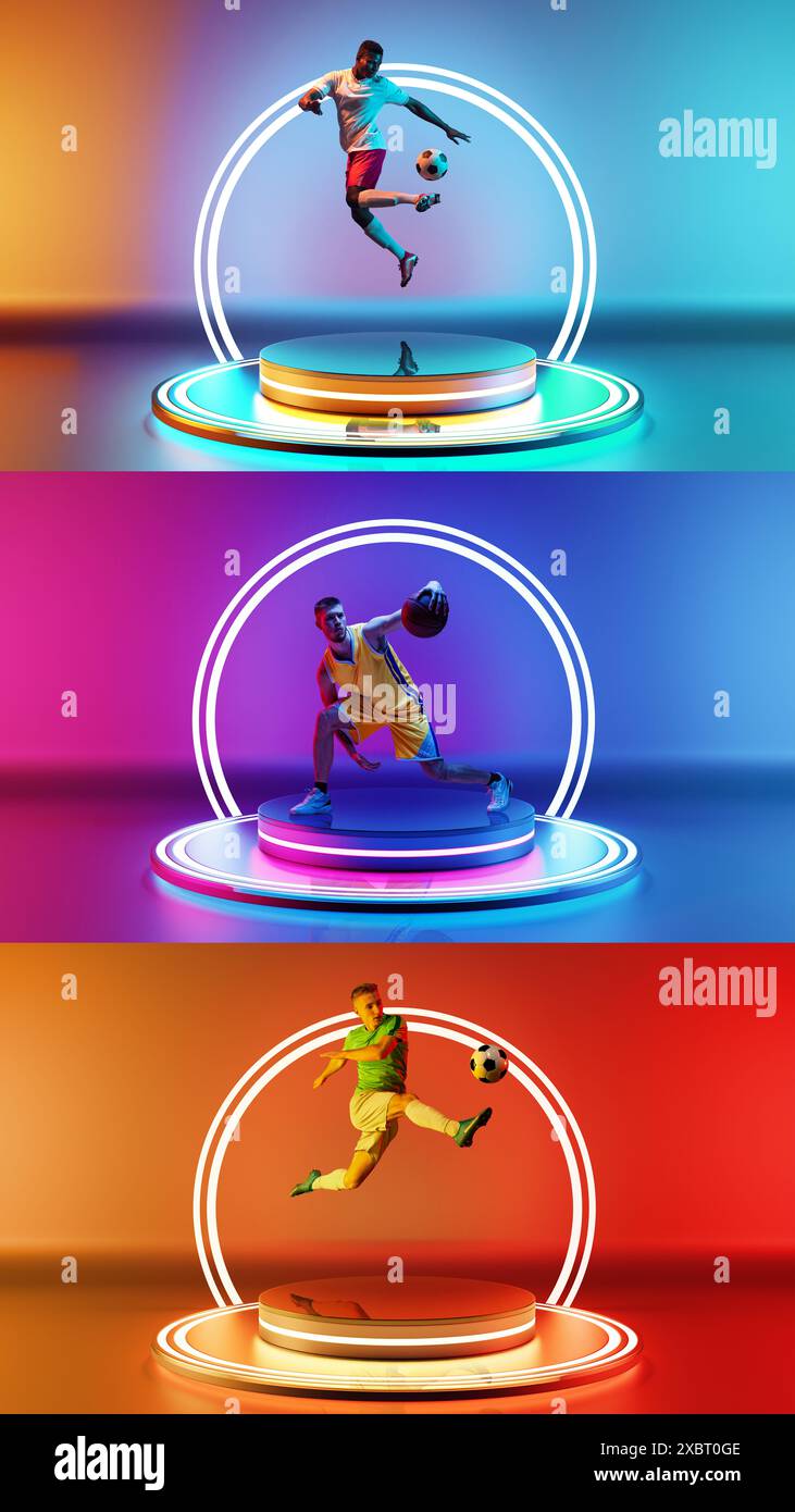Collage made of three athletes, men training football and basketball on ...