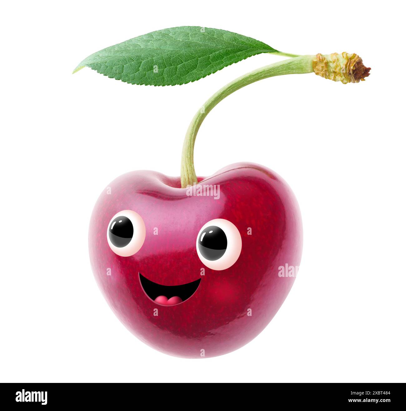 Cute cherry character with leaf and smile isolated on white background ...