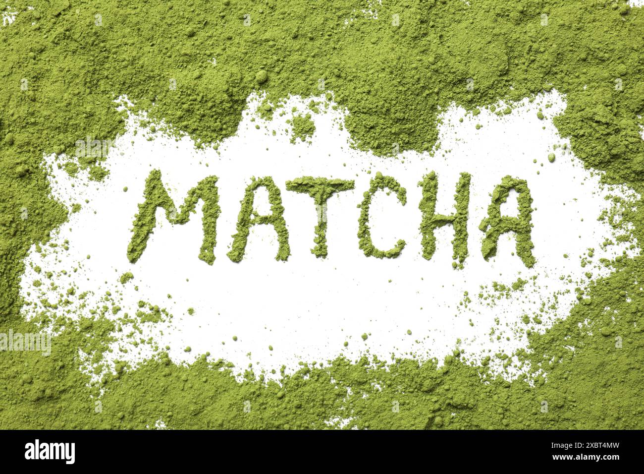 Word Matcha made of green powder isolated on white, top view Stock ...