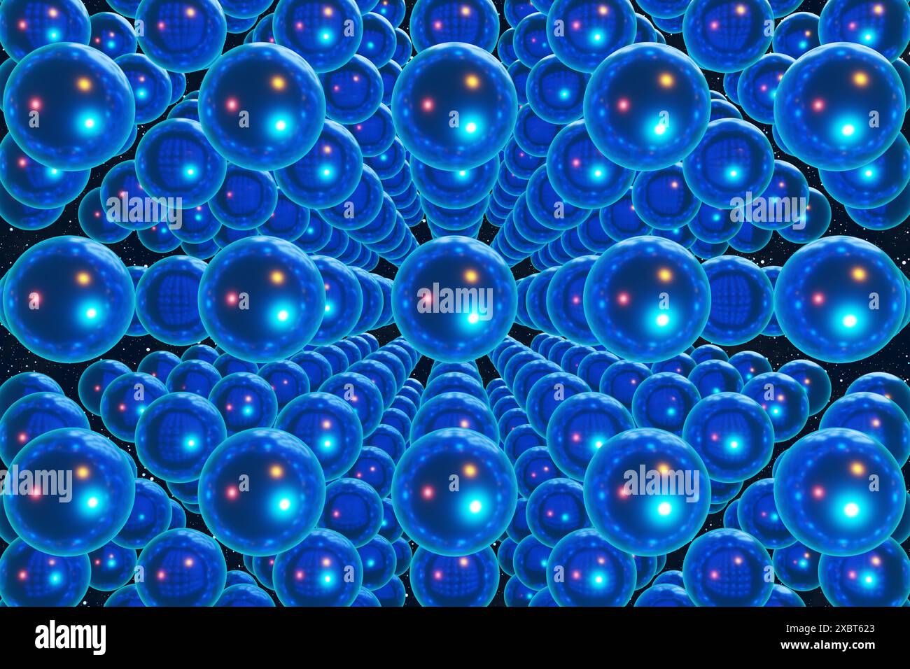 Neatly and tidily jam packed glossy blue spheres reflecting space ...