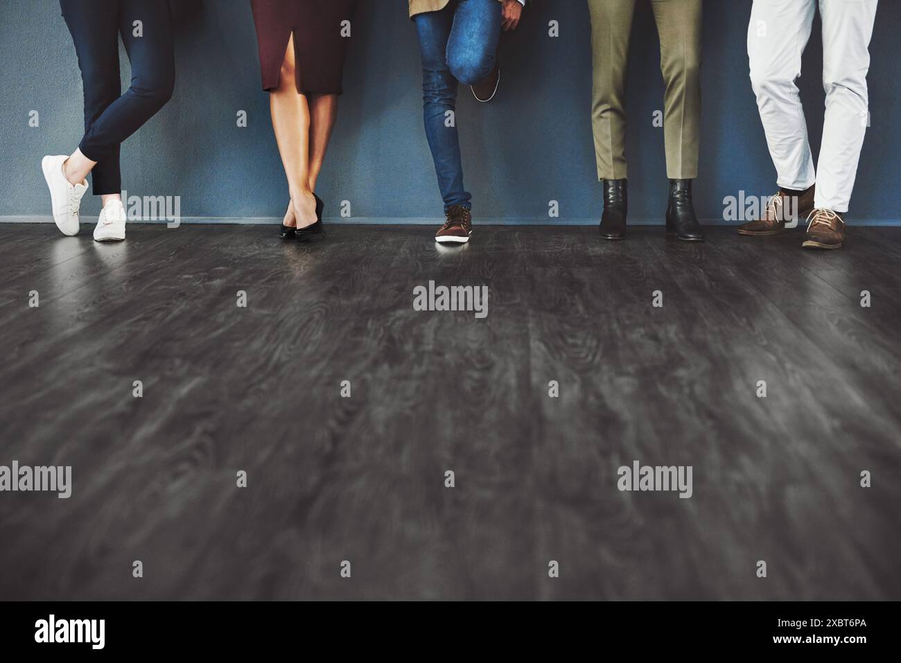 Business, people and waiting room or wall with legs, job interview and ...