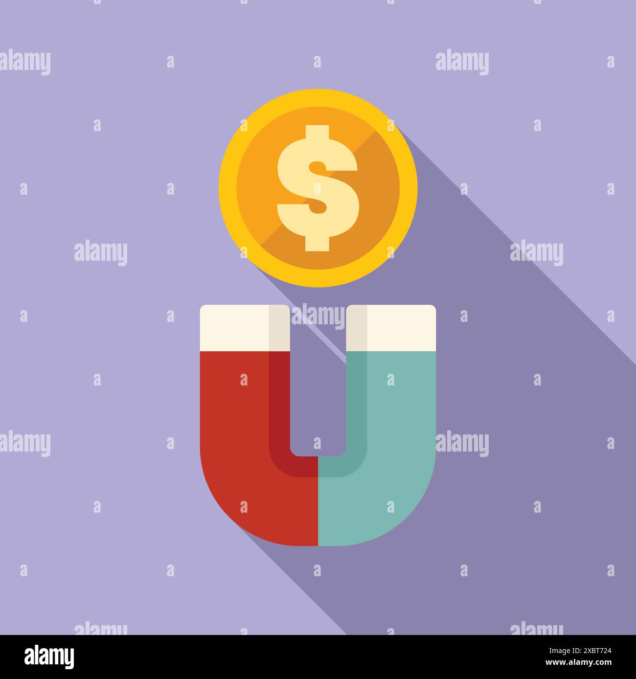 Magnet is attracting a golden coin with a dollar sign on a purple ...