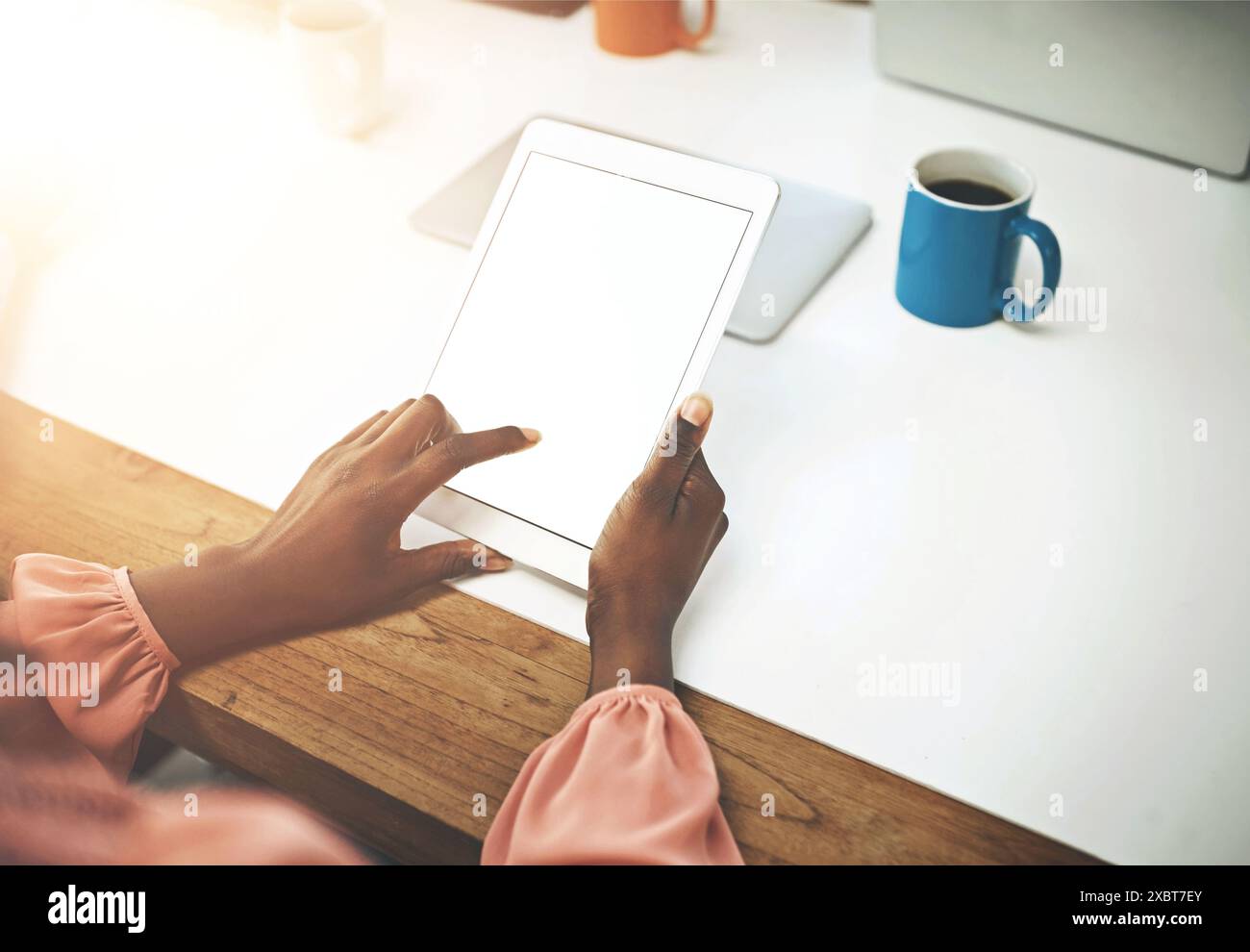 Business woman, touch and browsing with tablet screen for research, app ...