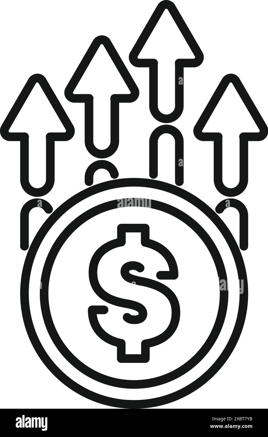 Line art of a dollar coin increasing value with upward arrows, concept ...