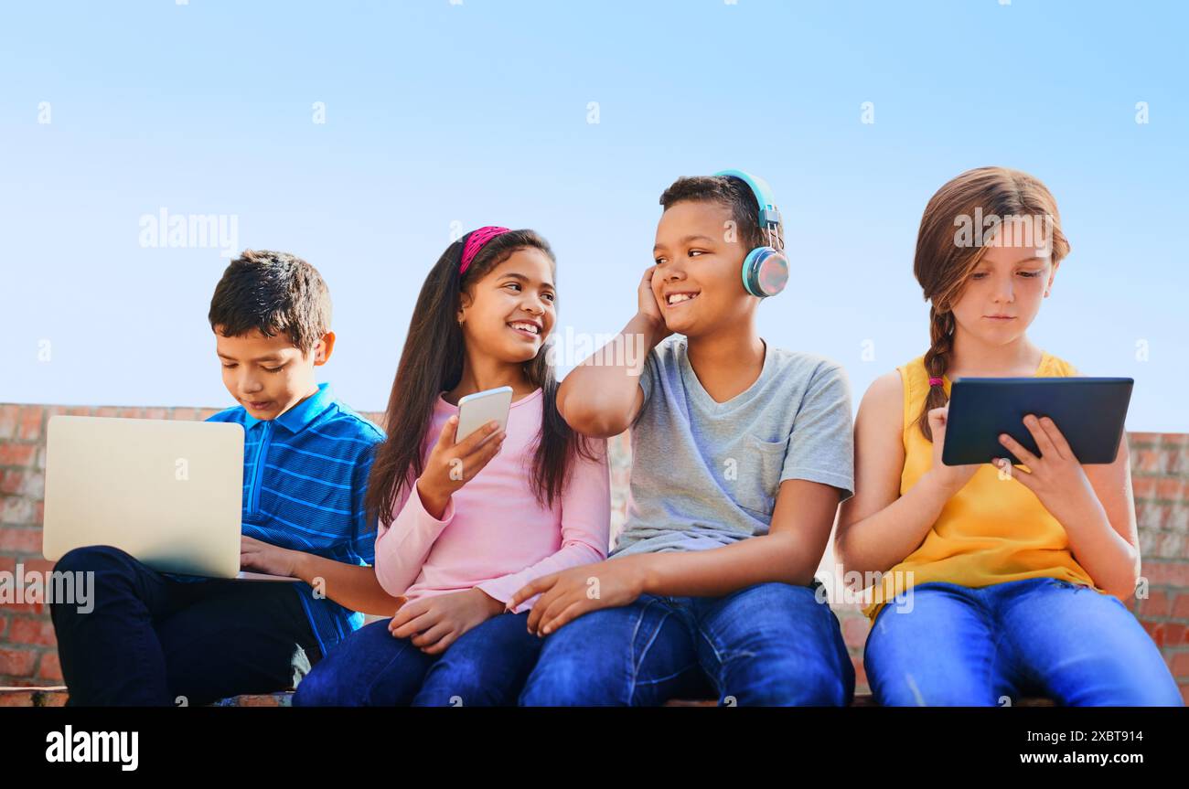 School kids, happy and phone, tablet and laptop with diversity, bonding ...