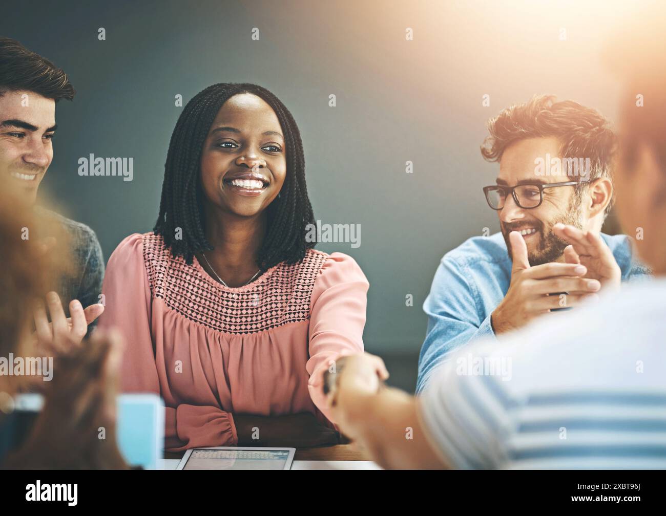 Interview, applause and business woman with handshake for hr in office ...