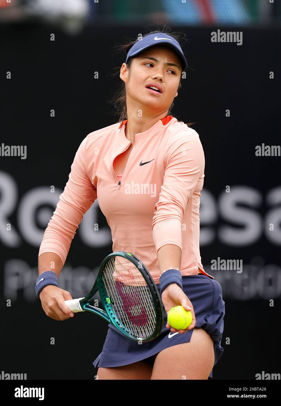 Emma Raducanu serving against Daria Snigur on day four of the Rothesay ...