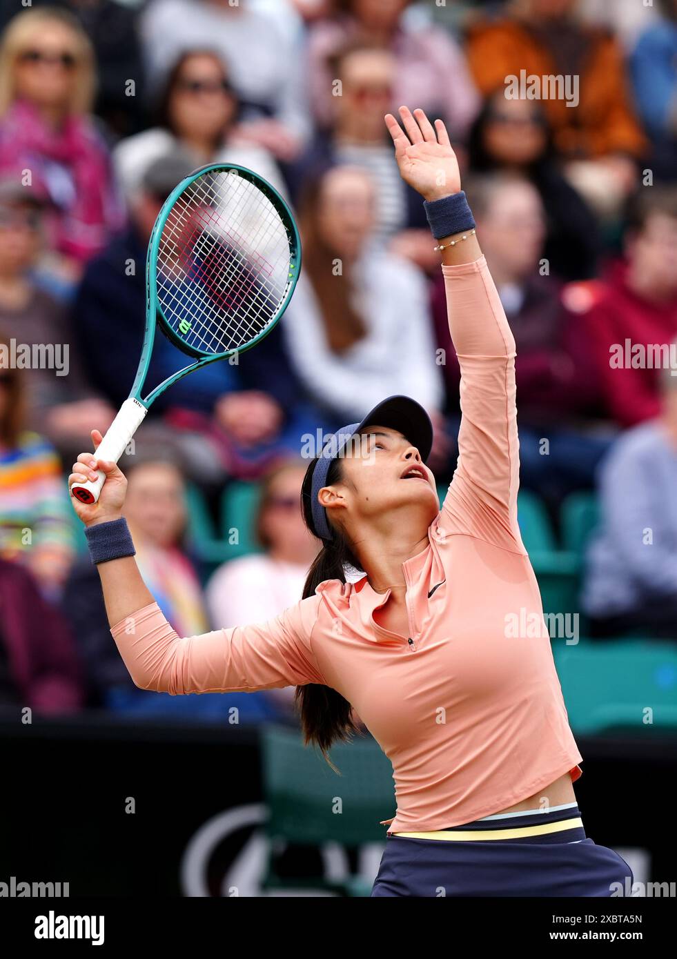 Emma Raducanu serving against Daria Snigur on day four of the Rothesay ...