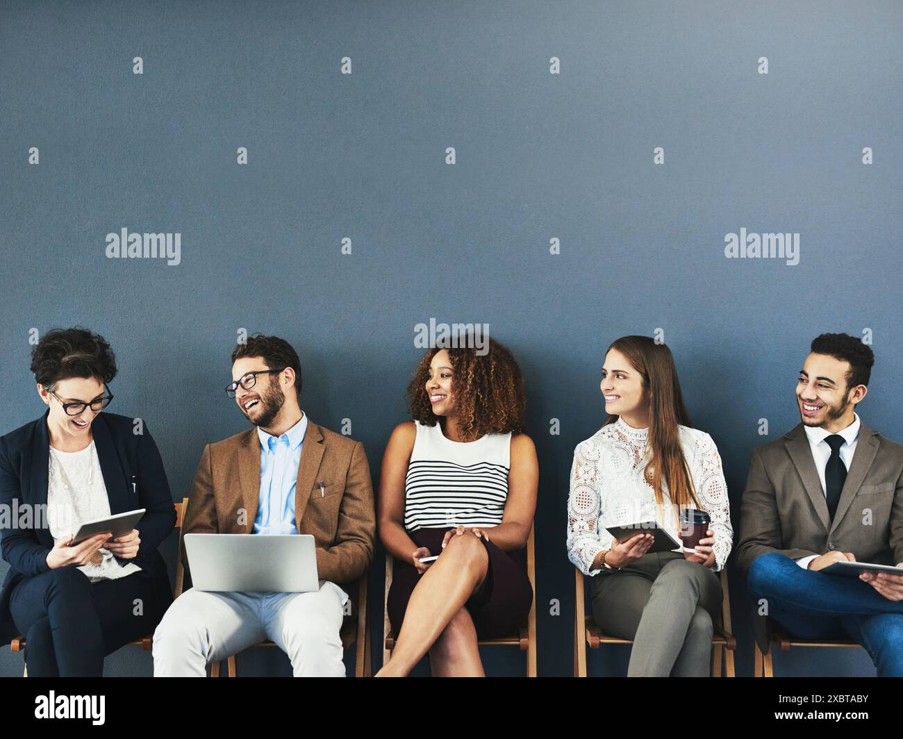 Business, employees and office queue with devices, connection and tech ...