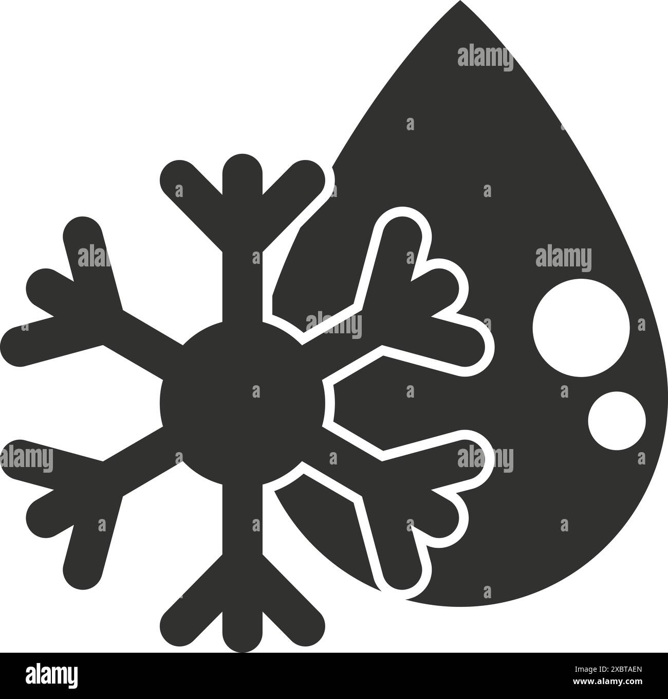 Simple black and white icon of a snowflake overlapping a water drop ...