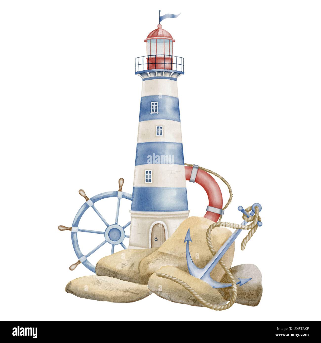 Watercolor Illustration with Lighthouse, Anchor and Helm for design in ...
